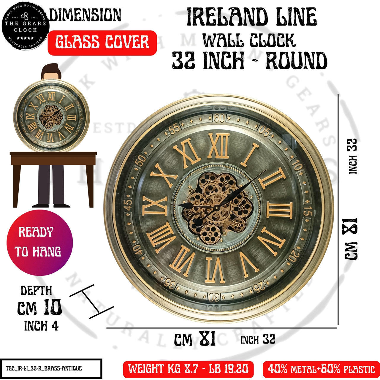IRELAND LINE WALL CLOCK ROUND 32 INCH "CORK" BRASS-ANTIQUE – The Gears ...