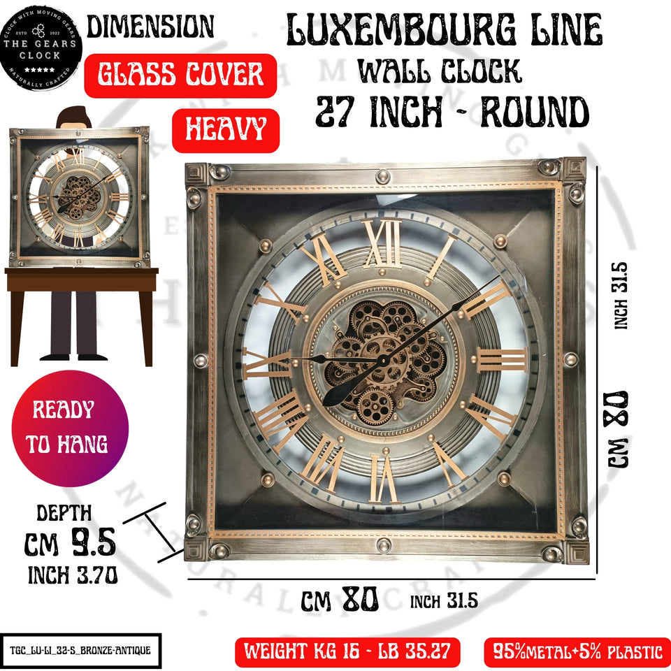 LUXEMBOURG LINE WALL CLOCK SQUARE 32 INCH "BIRKELT" BRONZE-ANTIQUE ...