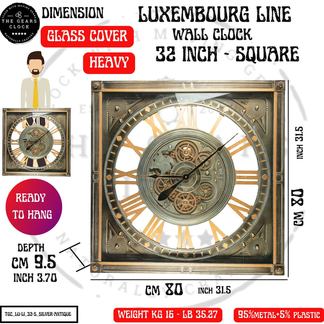 LUXEMBOURG LINE WALL CLOCK SQUARE 32 INCH "HAUPT" SILVER-ANTIQUE – The ...