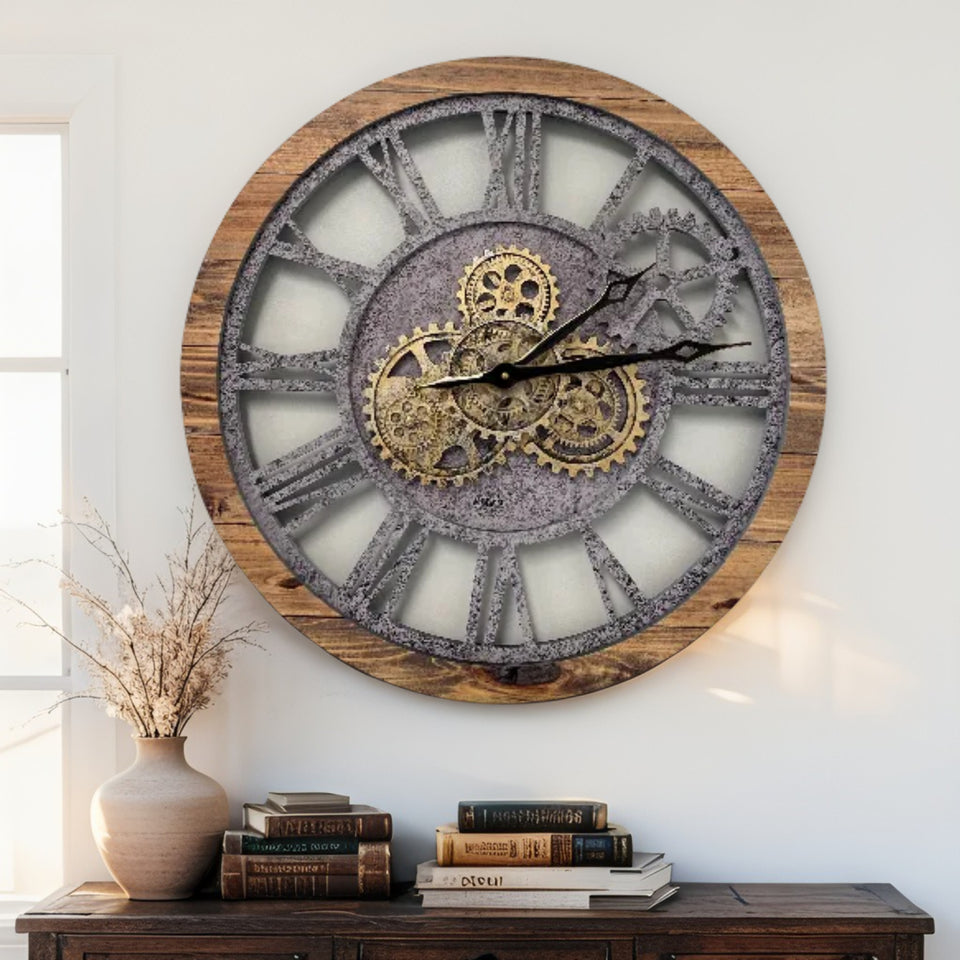 AMERICA LINE WALL CLOCK ROUND 24 INCH WOOD & STONE – The Gears Clock